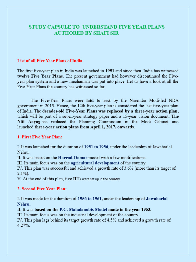 Study Capsule To Understand Five Year Plans | PDF