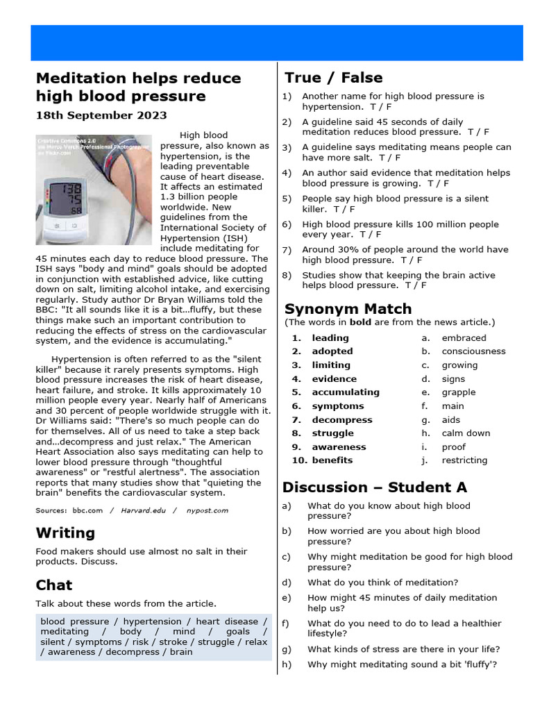 ESL Lesson On High Blood Pressure | PDF
