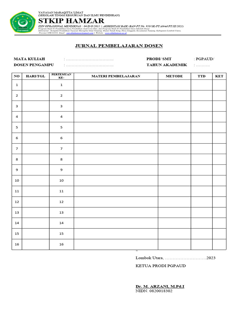 Form Jurnal Perkuliahan | PDF