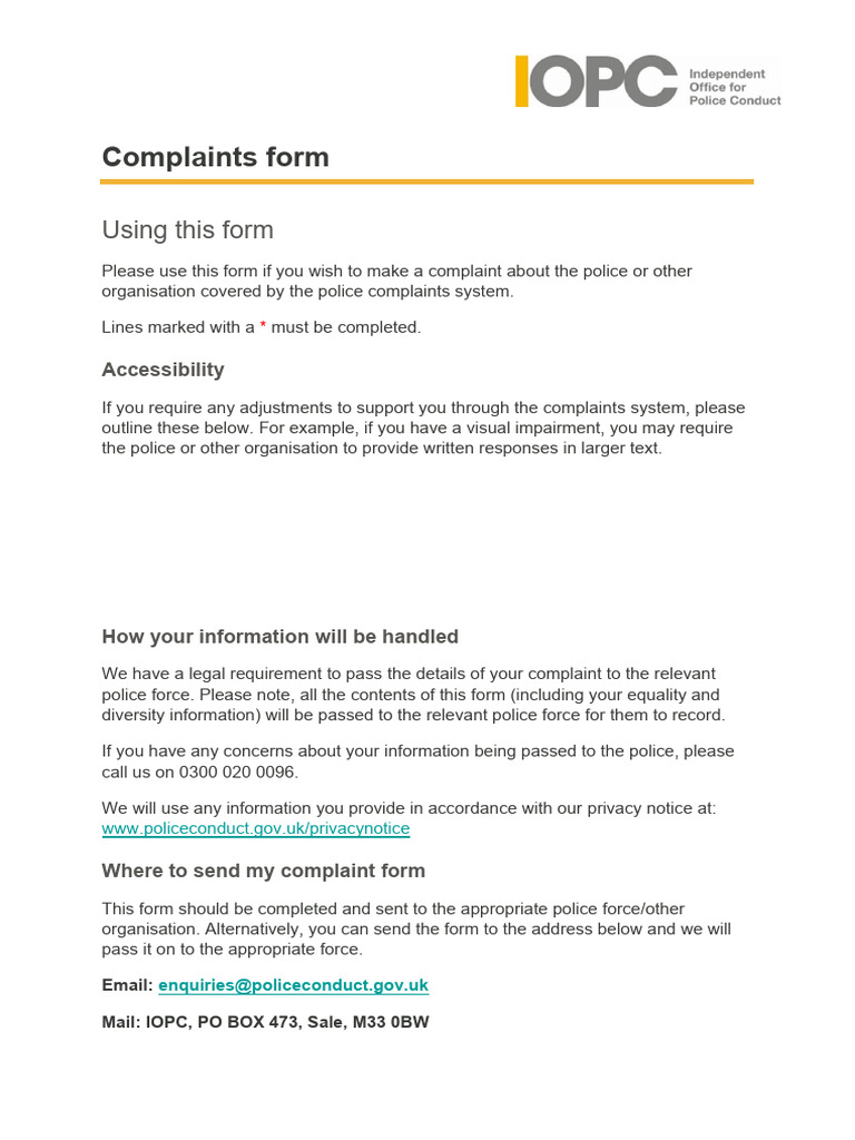 IOPC Making A Complaint Against The Police Form 2023 | PDF | White ...