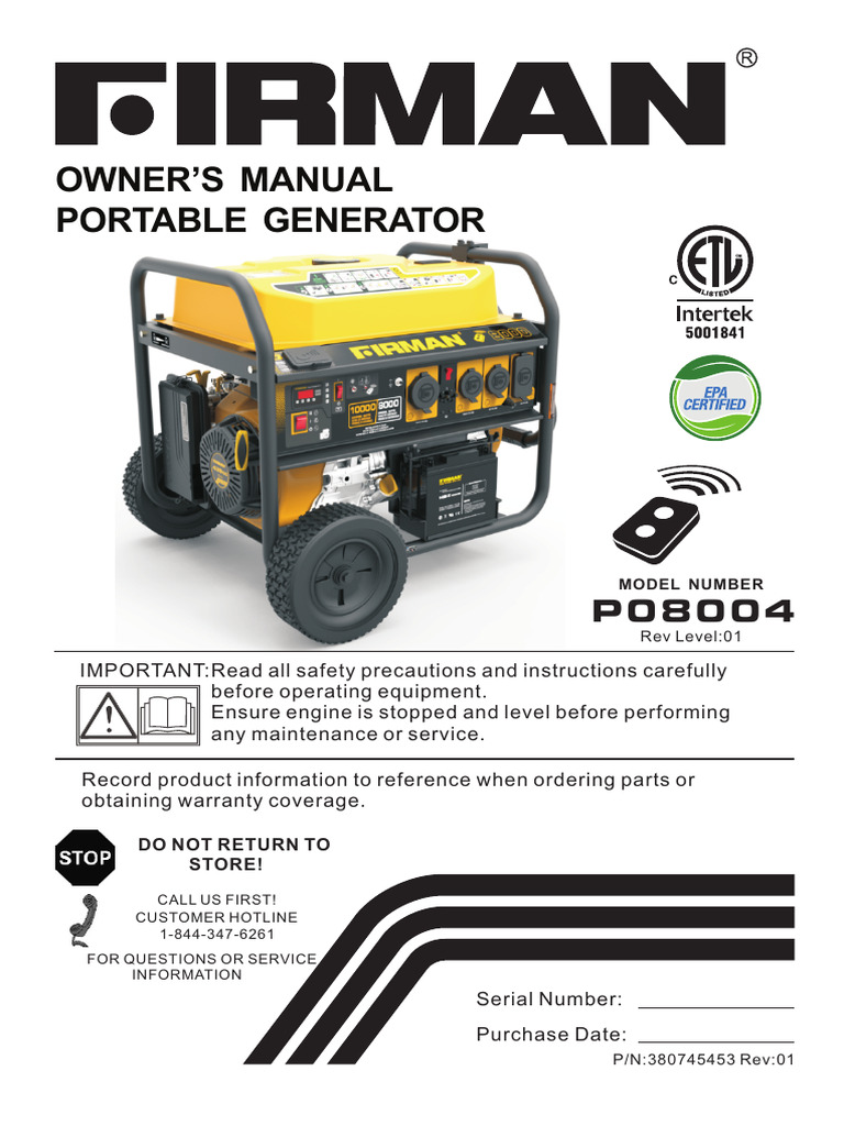 Firman Owners Manual P) 8004 Generator | PDF | Gasoline | Machines