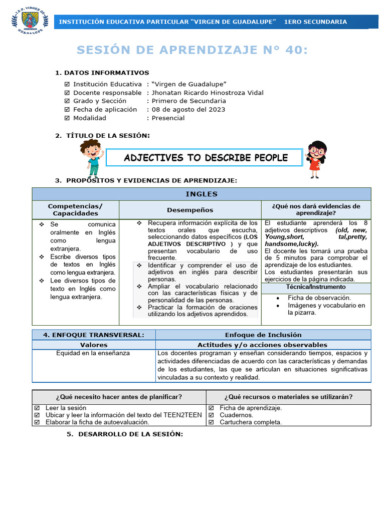 Sesion de Aprendizaje Agosto 1ero Secundaria | PDF | Enseñando | Aprendizaje