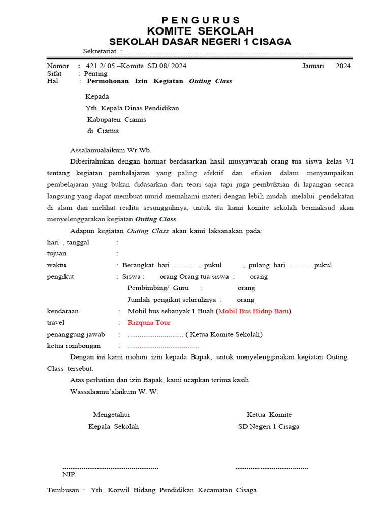 Contoh Surat Outing Class | PDF
