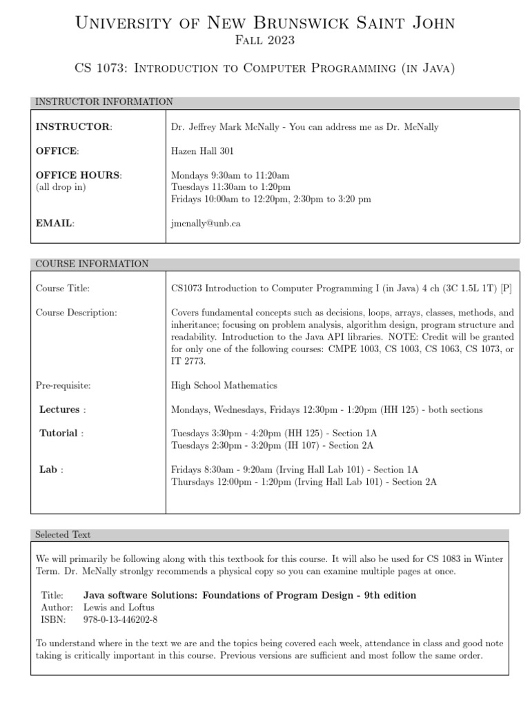 Course Outline - CS1073 - Unbsj | PDF | Computers