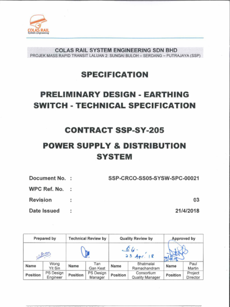 SSP-CRCO-SS05-SYSW-SPC-00021 - 03 - PD - Earthing Switch | PDF