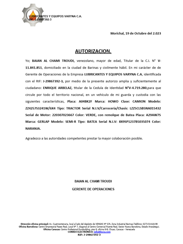 Autorización y Guía de Movilización Varyna | PDF | Vehículos terrestres ...
