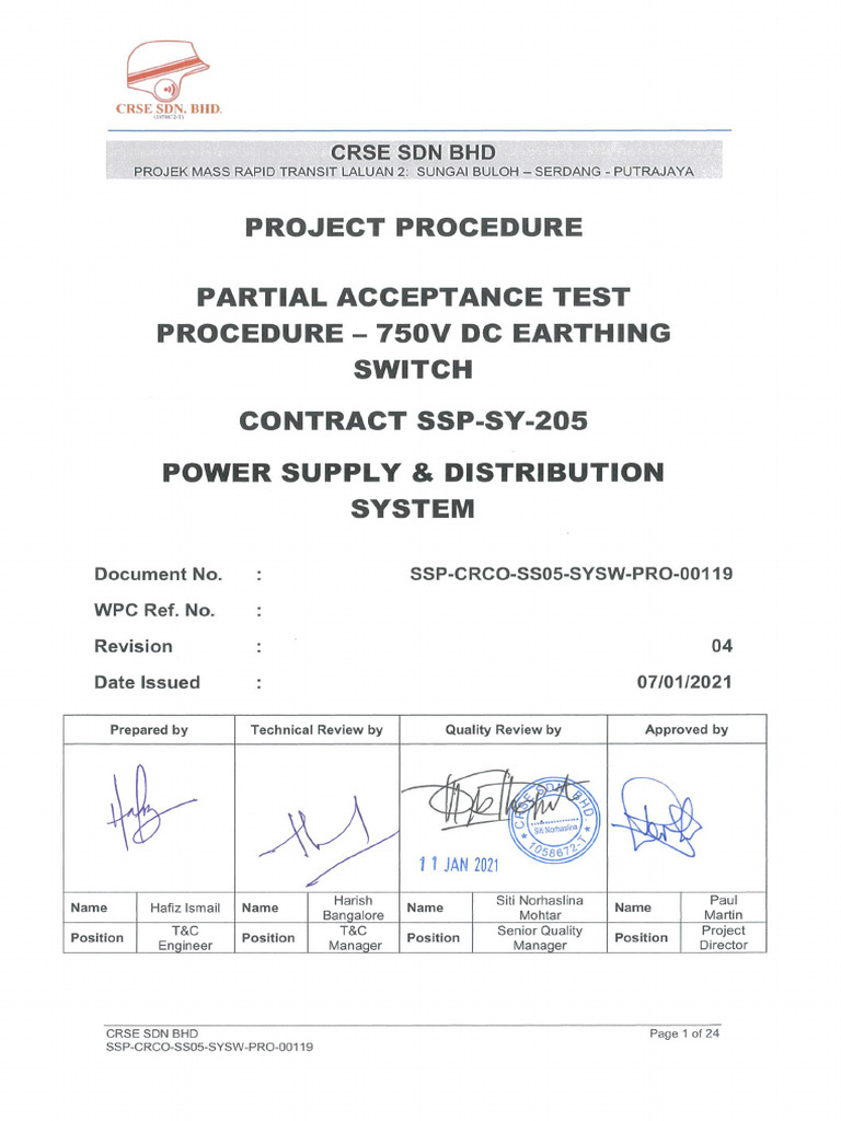 SSP-CRCO-SS05-SYSW-PRO-00119 - 04 - PAT Procedure For 750V DC Earth Switch | PDF | Switch | Relay