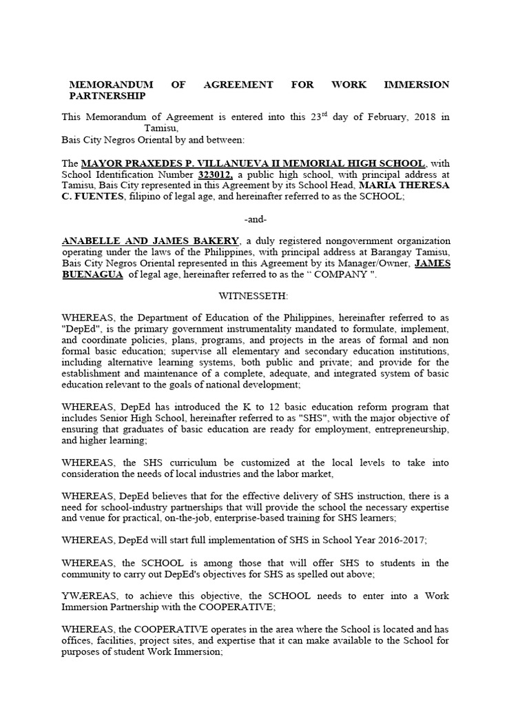 MOA For SHS Immersion 1 | PDF | Career & Growth | Business