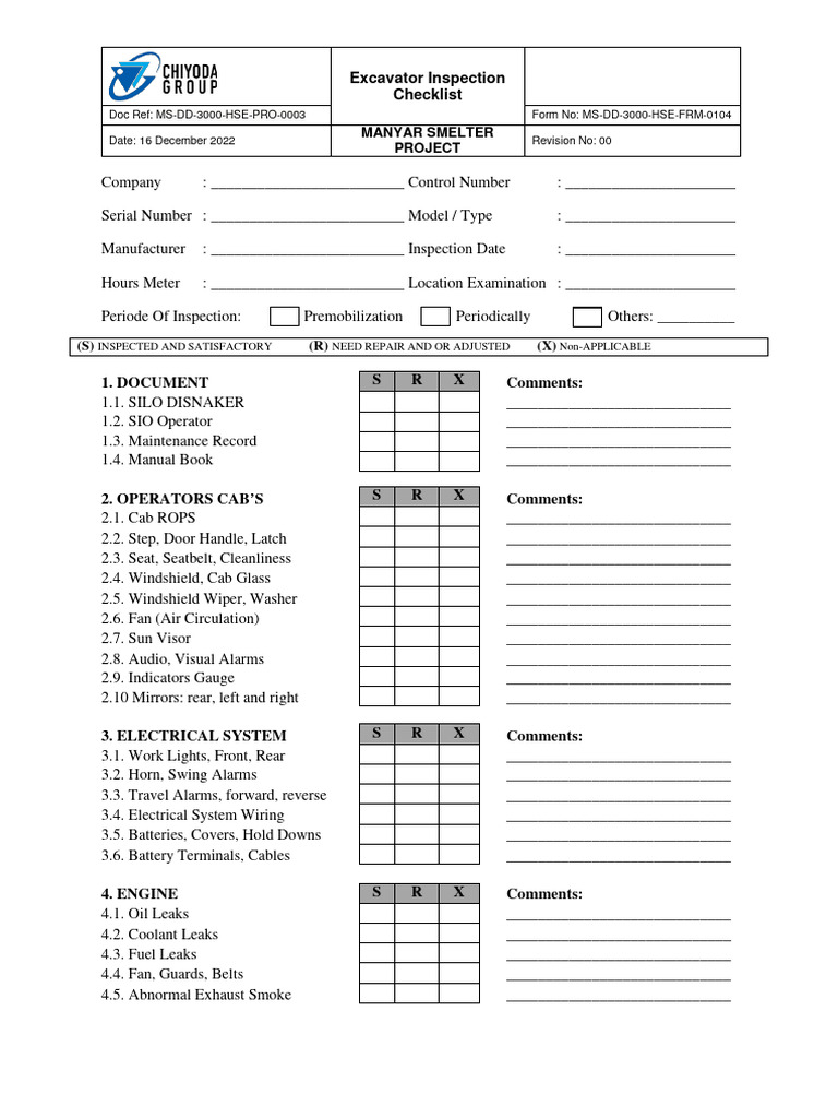 Excavator Form Inspection Checklist | PDF | Home & Garden
