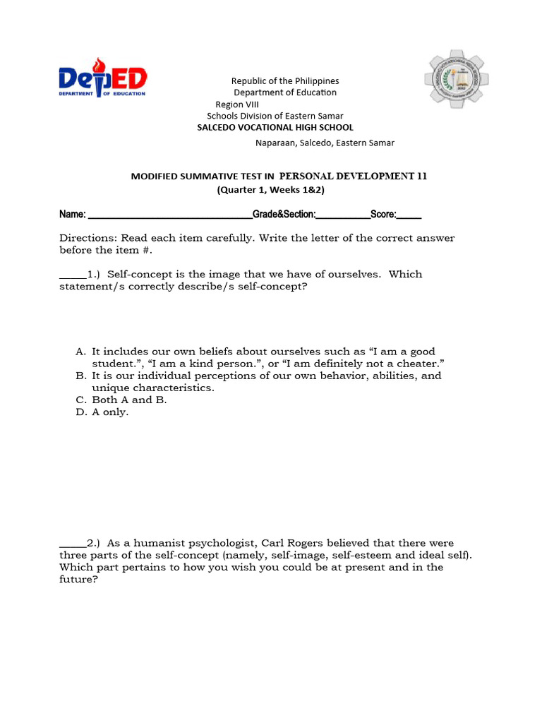 MST_PERDEV_Q1_WK1&2 | PDF | Self Concept | Self Esteem