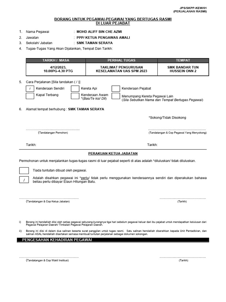 Borang Bertugas Rasmi JPSSKPP-KEW01 ALIFF UAS 2023 | PDF