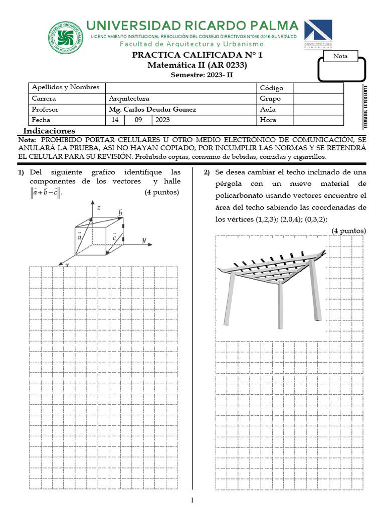 PC_1_MAT II_ARQ- 2023-II Fila A (1) | PDF | Geometría | Matemáticas