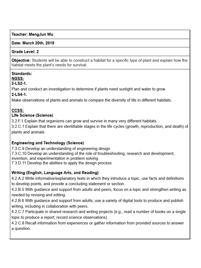 Stem Learning Experience - Plant Habitats - Grade 2 | PDF | Learning ...