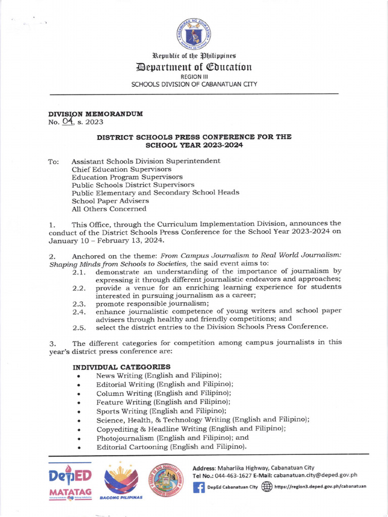 DM No. 04 S. 2024 DISTRICT SCHOOLS PRESS CONFERENCE FOR THE SY 2023 ...
