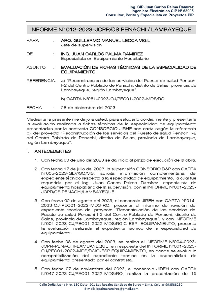 INFORME N°012-2023-JCPR-PENACHI-LAMBAYEQUE - Evaluación de Fichas Técnicas | PDF
