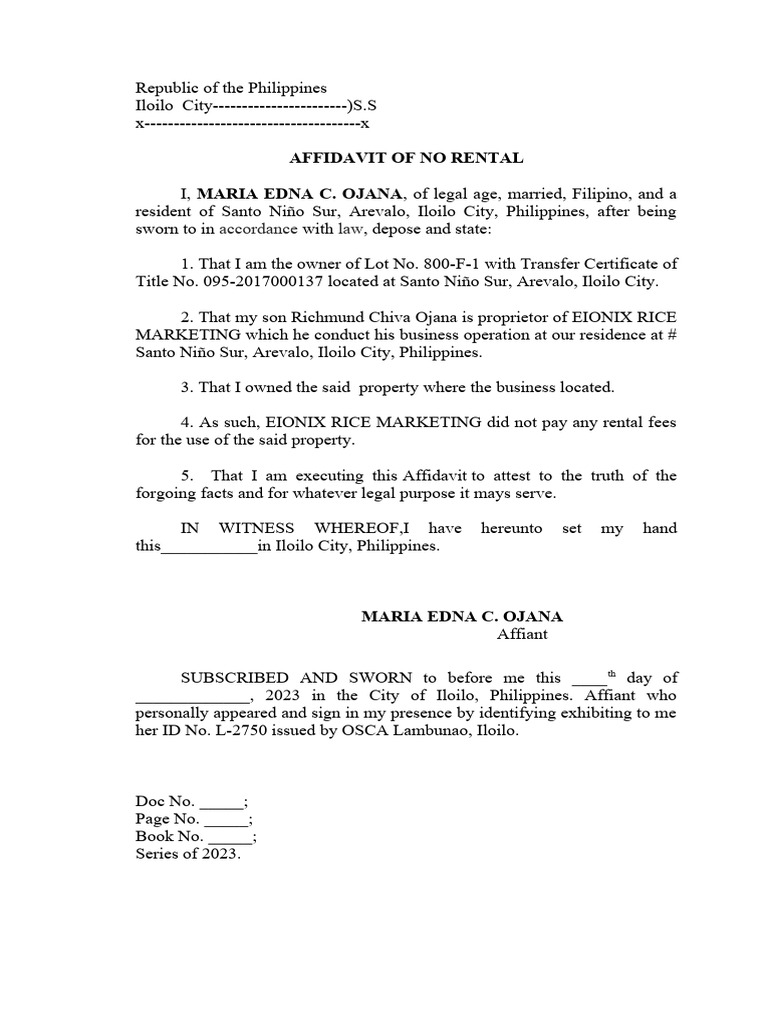 Affidavit of No Rental in Iloilo | PDF | Law