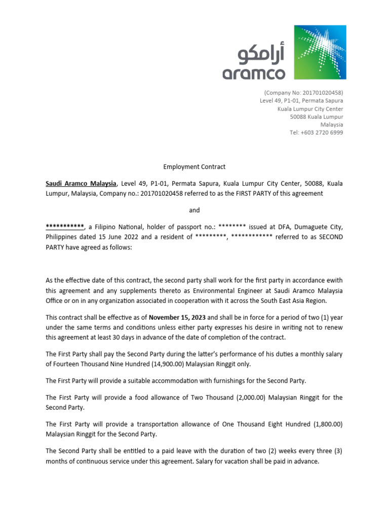 Aramco Malaysia Employment Contract Details | PDF