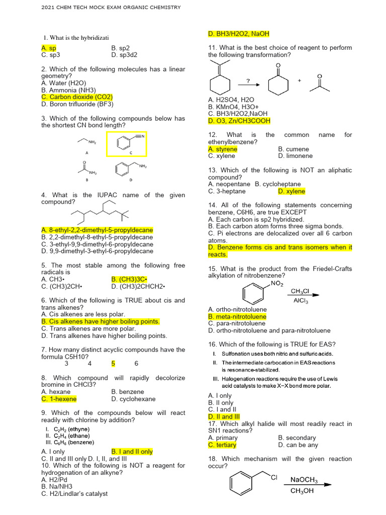 Organic Chemistry Mock Exam (ANSWER KEY) | PDF | Science & Mathematics