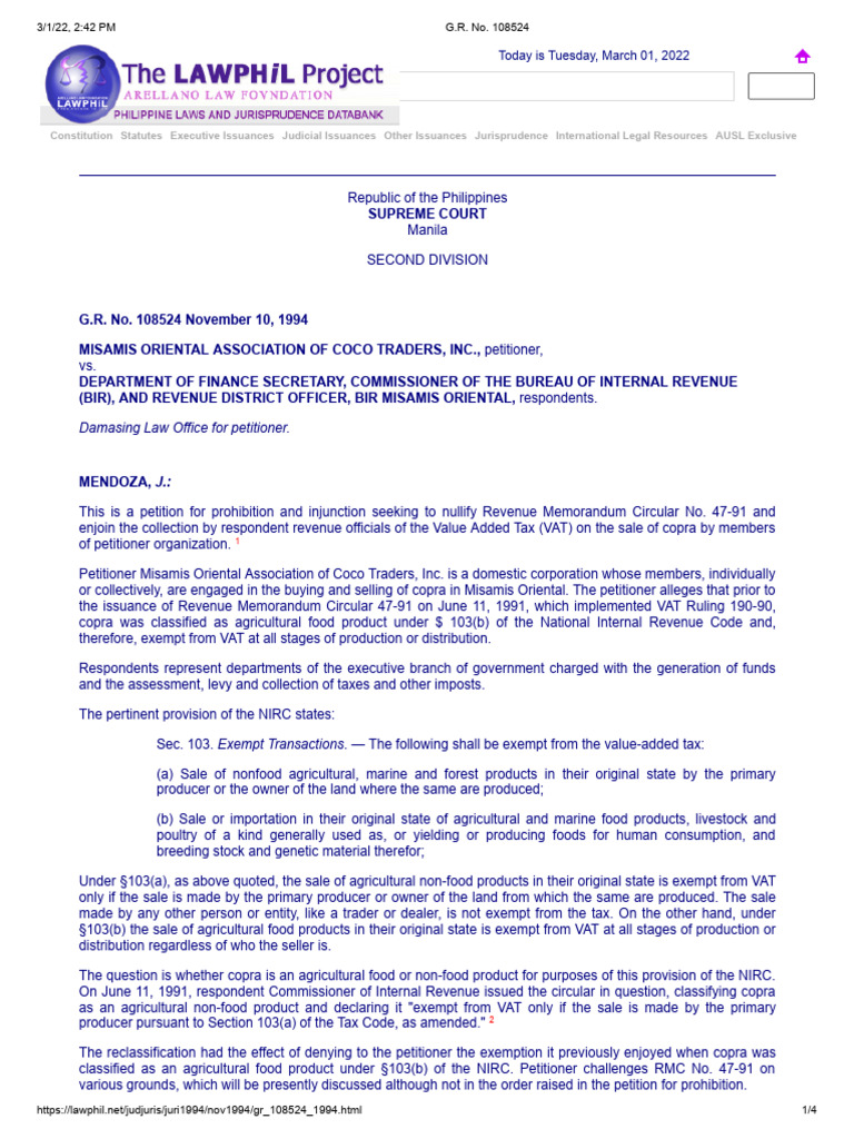 Misamis Oriental Association v. Dept. of Finance 238 SCRA 632 | PDF ...