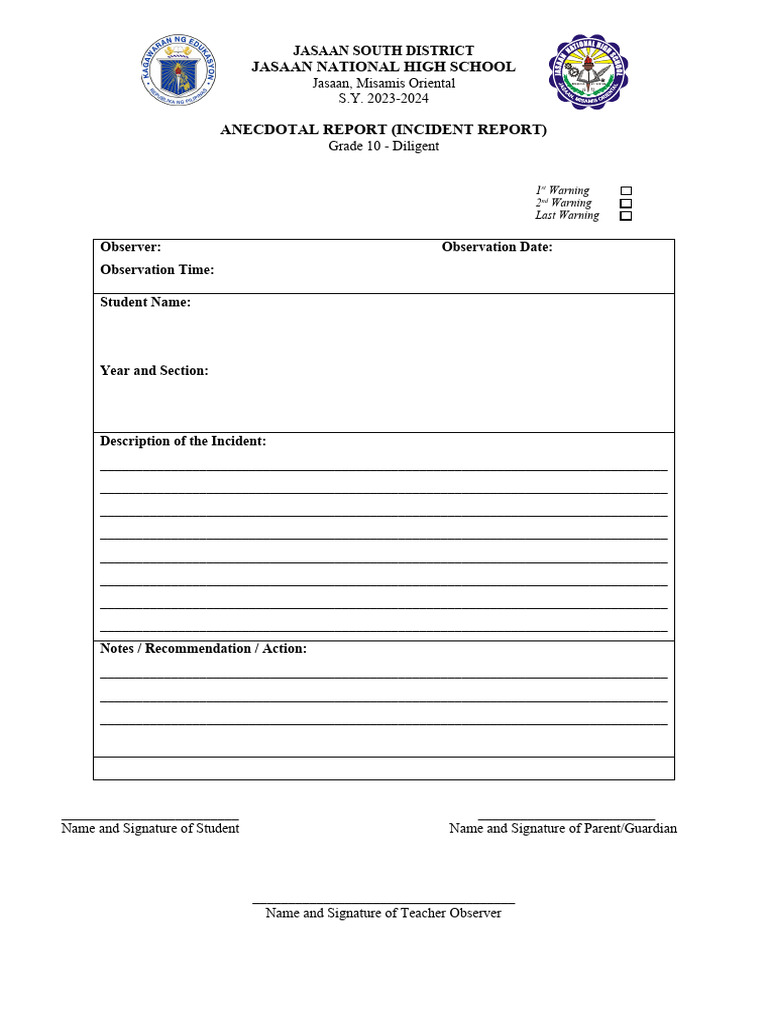 Students Anecdotal Report Incident Report | PDF