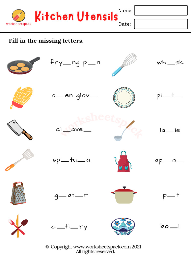Kitchen Utensils Missing Letters Worksheet | PDF