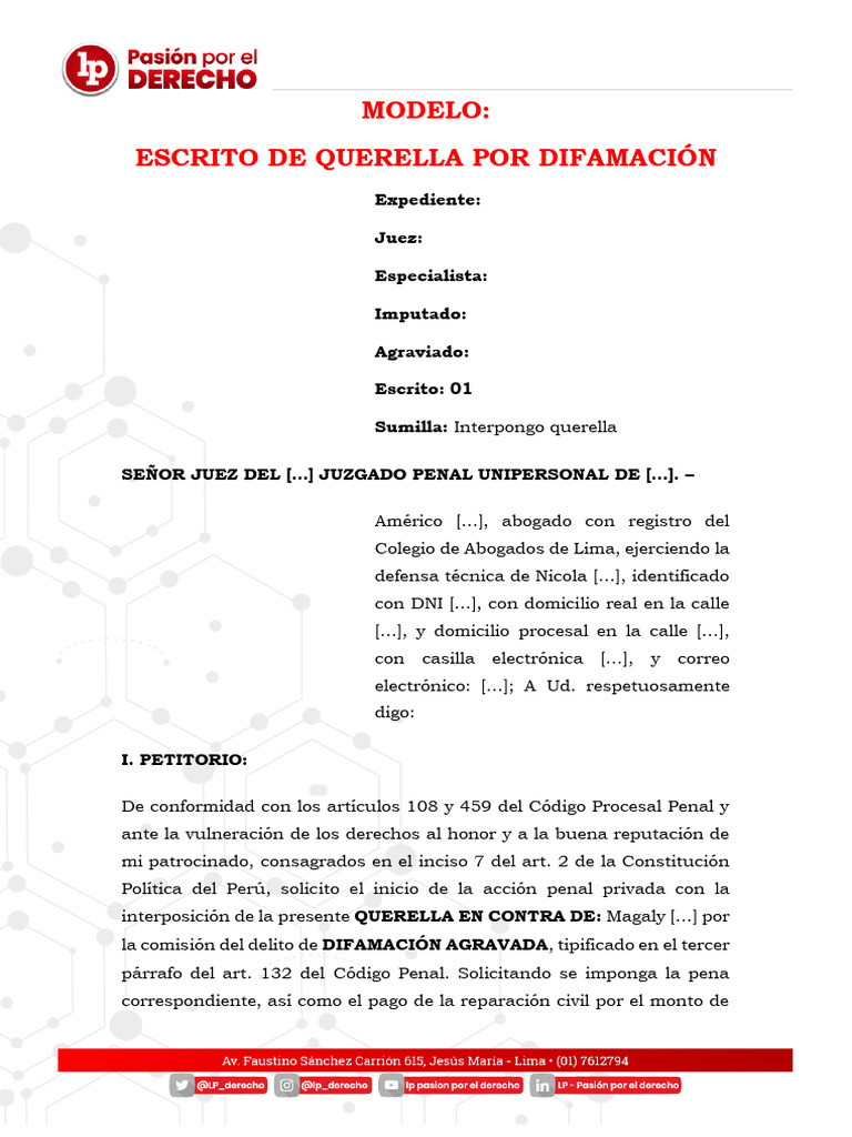 Modelo Escrito Querella Difamacion Agravada Medio de Prensa LP | PDF | Derecho