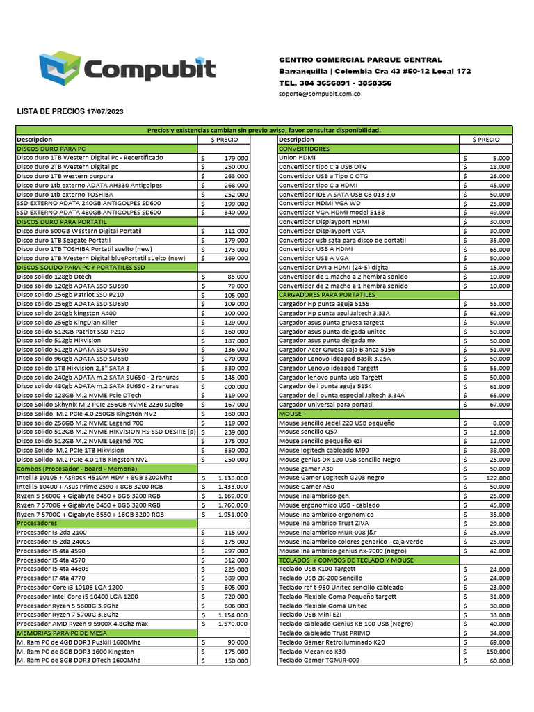 Lista de Precios Clientes | PDF | USB | Bienes manufacturados