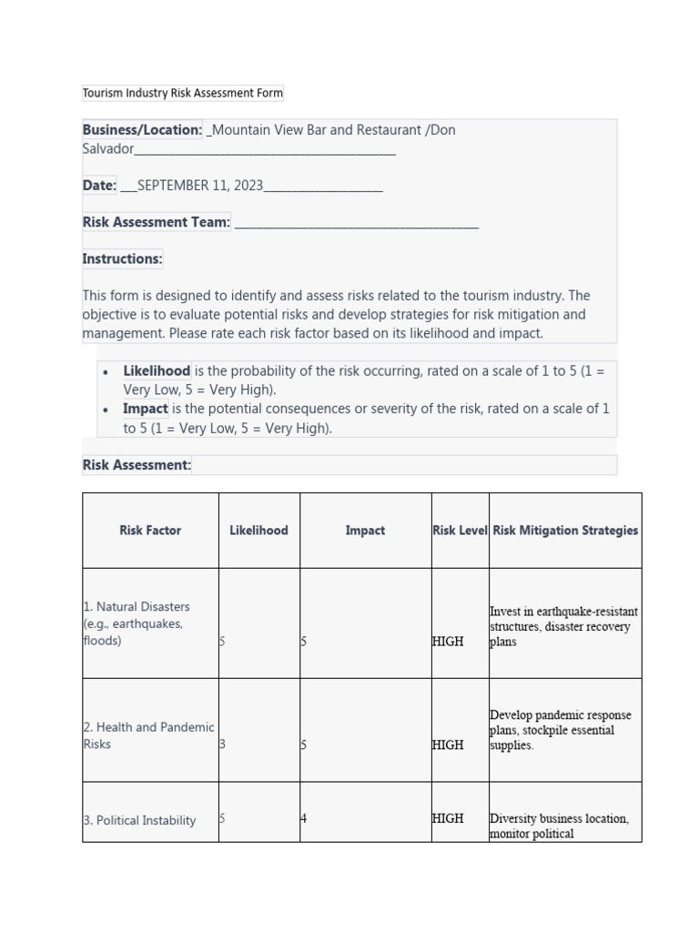 Tourism Industry Risk Assessment Form | Download Free PDF | Risk | Risk ...