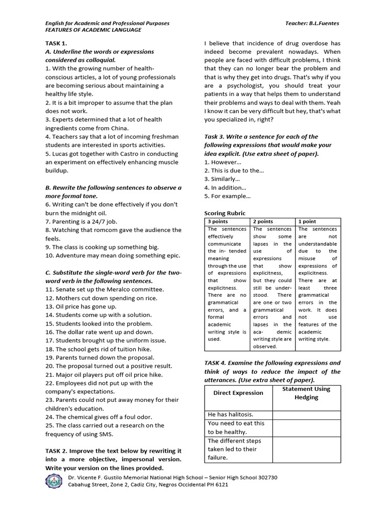 Academic Language Tasks | PDF