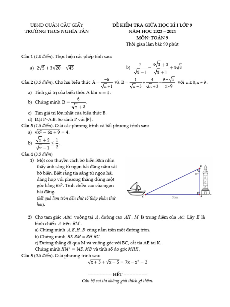 De Giua Hoc Ki 1 Toan 9 Nam 2023 2024 Truong Thcs Nghia Tan Ha Noi | PDF