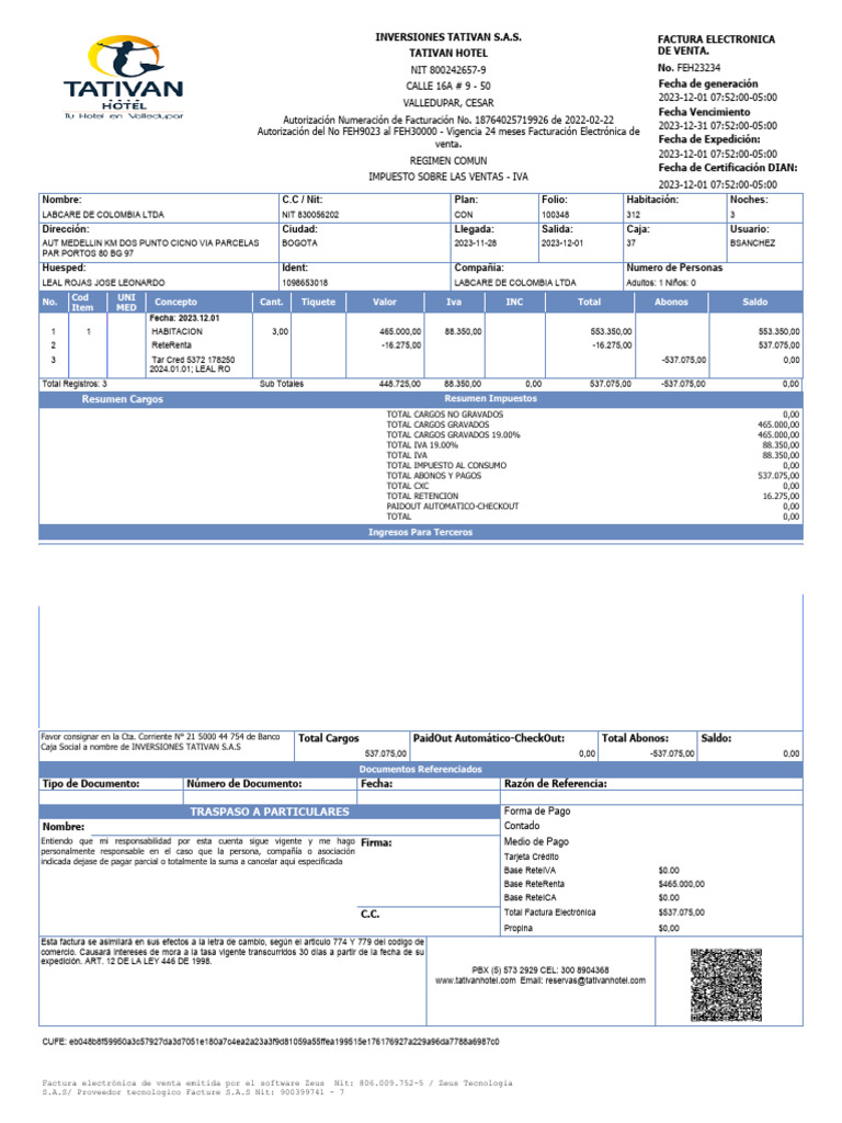 Factura Hotel Tativan Valledupar | PDF | Servicios (economía ...