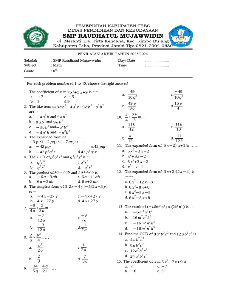 QS. EXAM Math 8th Grade | PDF