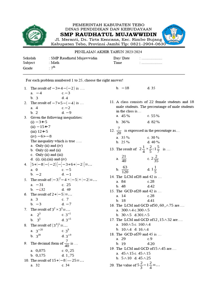 QS. EXAM Math 7th Grade | PDF | Teaching Methods & Materials