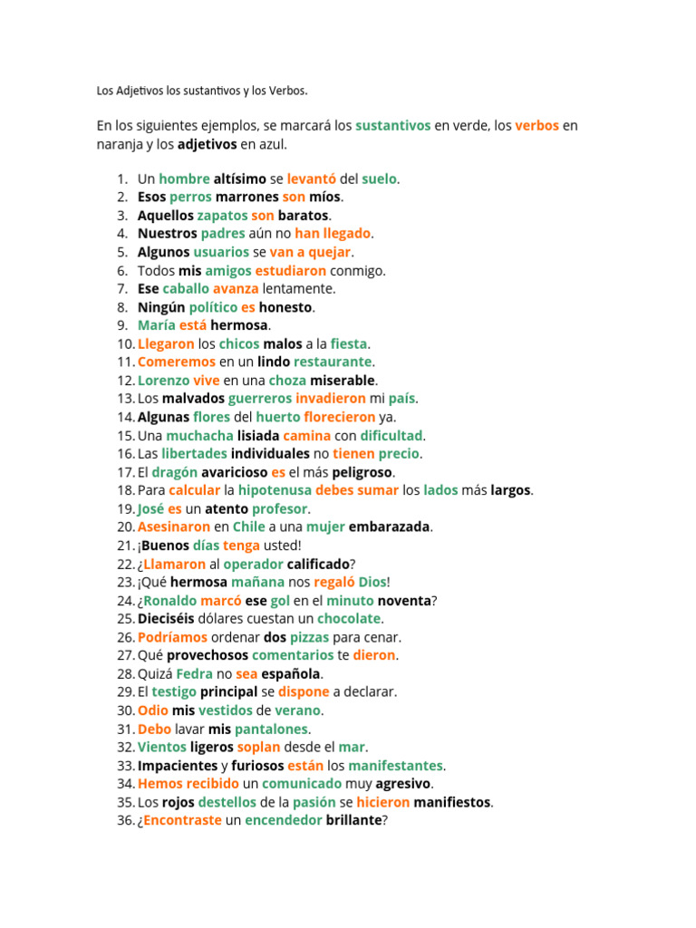 Los Adjetivos Los Sustantivos y Los Verbos 1 | PDF