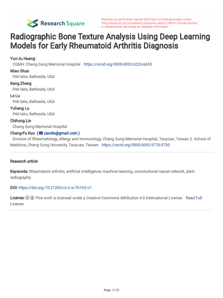 Radiographic Bone Texture Analysis Using Deep Learning Models For Early Rheumatoid Arthritis ...