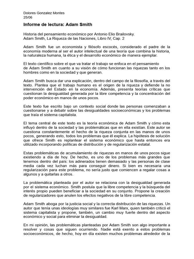 Informe de Lectura - Adam Smith | PDF