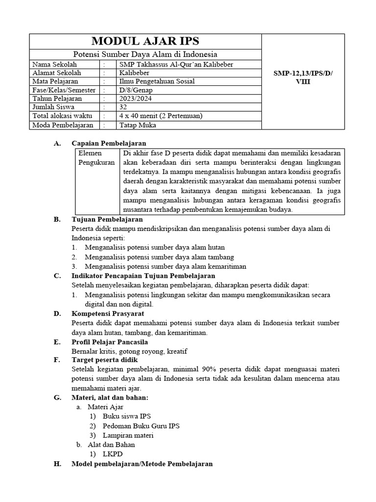 Modul Ajar Potensi SDA Indonesia | PDF