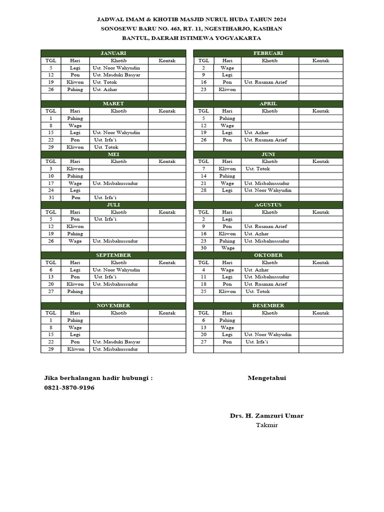 Jadwal Imam & Khotib Jum'at 2024 | PDF