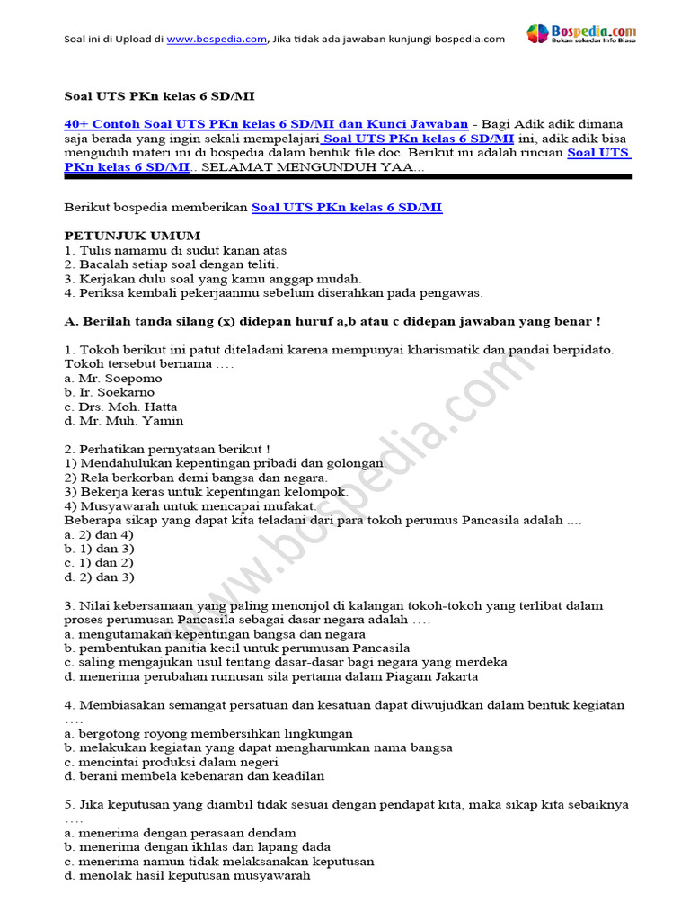 40+ Contoh Soal UTS PKN Kelas 6 SD MI Dan Kunci Jawaban | PDF