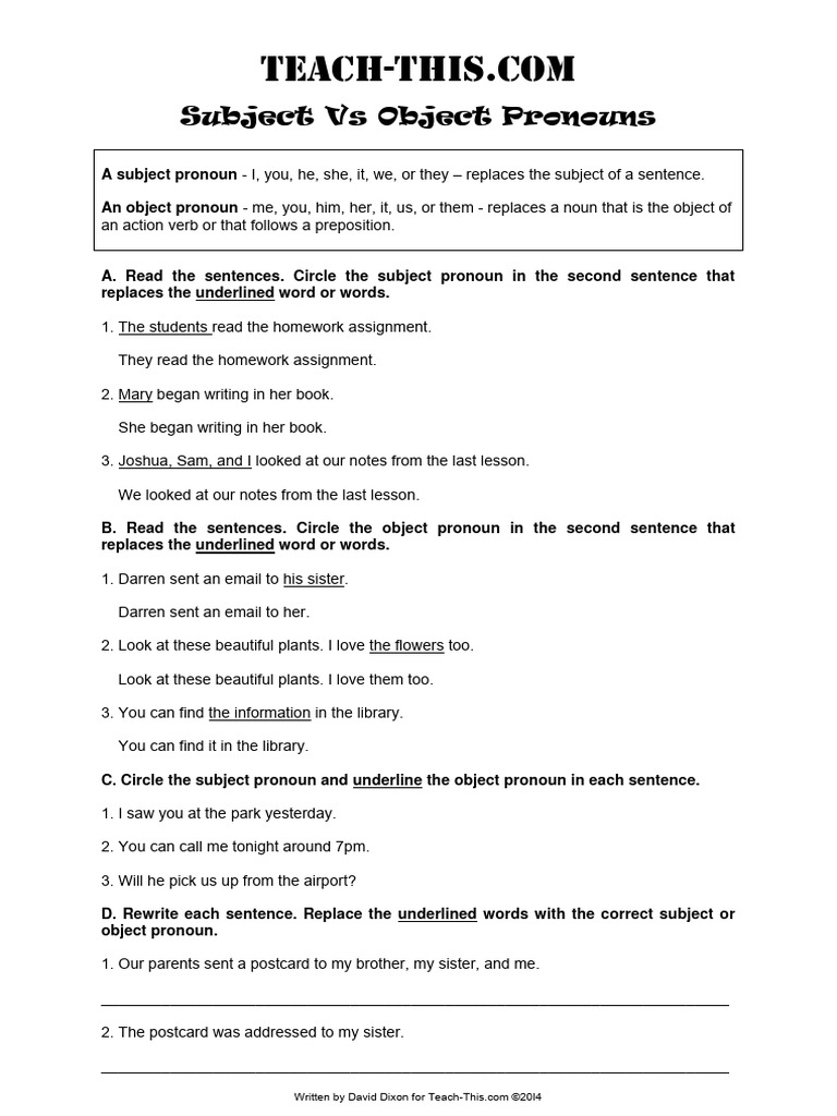 Subject Vs Object Pronouns1 | PDF | Language Arts & Discipline