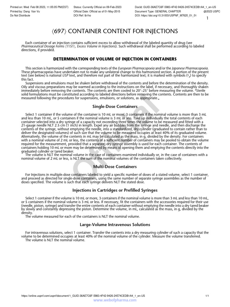 〈697〉 Container Content for Injections | PDF | Syringe | Volume