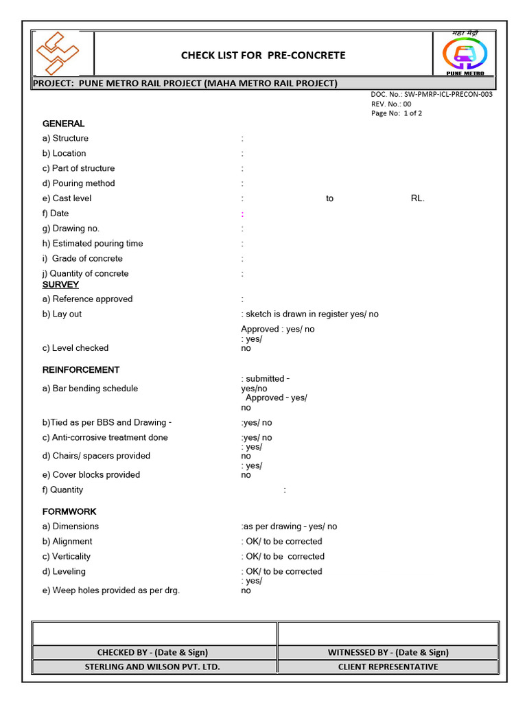 3 - Check List For Pre-Concrete | PDF | Civil Engineering | Building ...