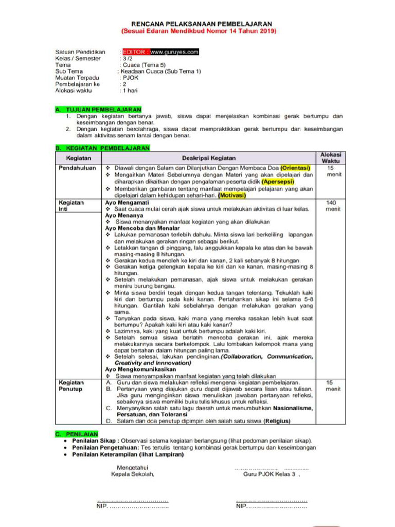 Contoh RPP KELAS 3 MAPEL PENJAS | PDF