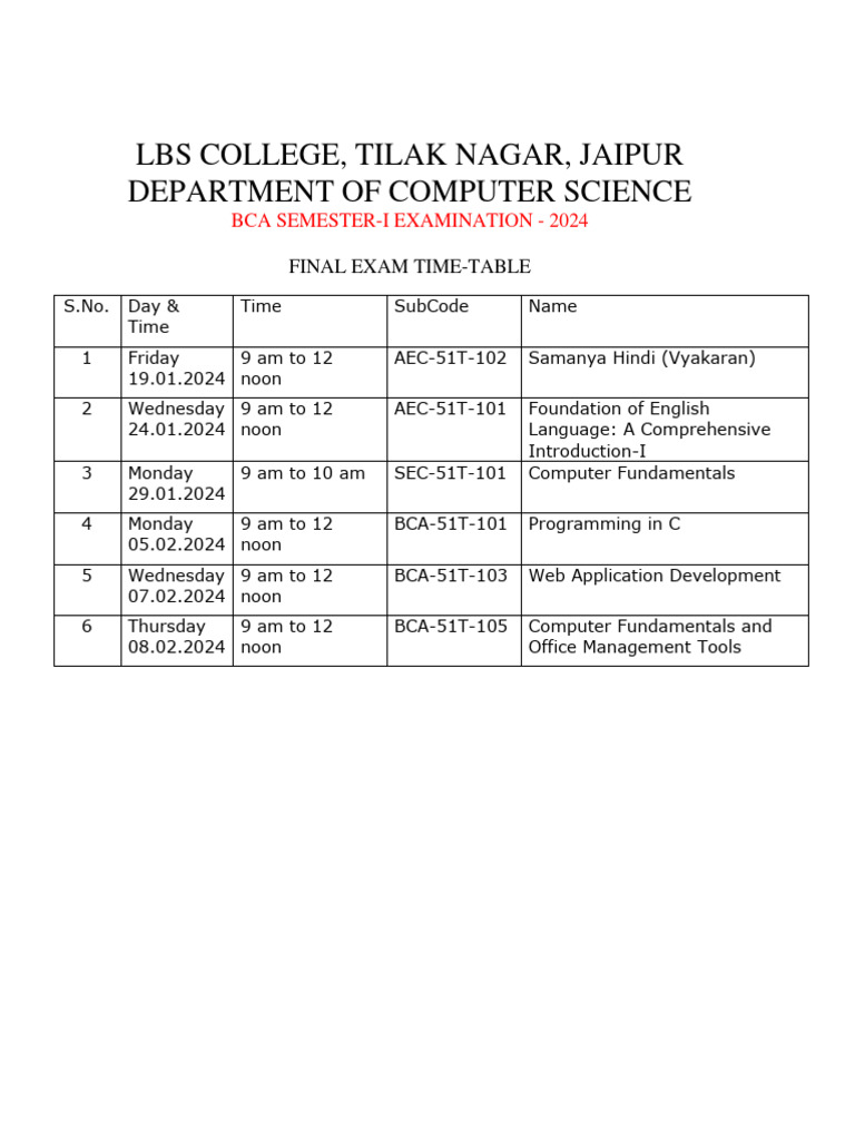 BCA Univ Exam Time-Table-2024 | PDF