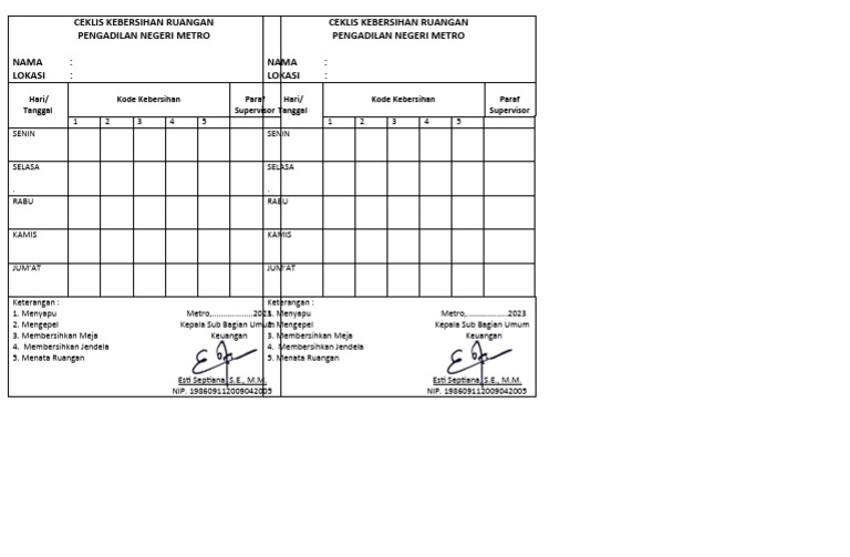 CEKLIS KEBERSIHAN Ruangan Terbaru 2023 | PDF