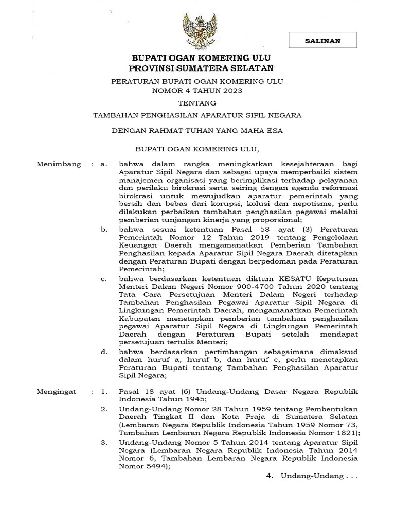 Perbup No. 4 Tahun 2023 TTG TPP Asn (Salinan) | PDF