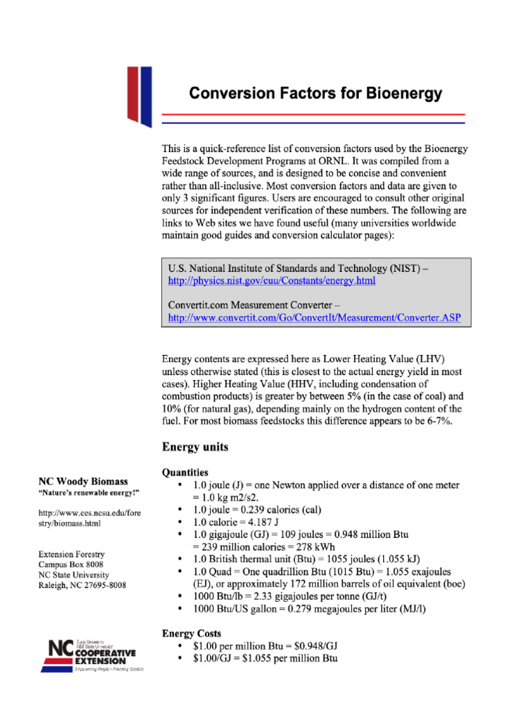 Conversion Factors For Bioenergy | PDF