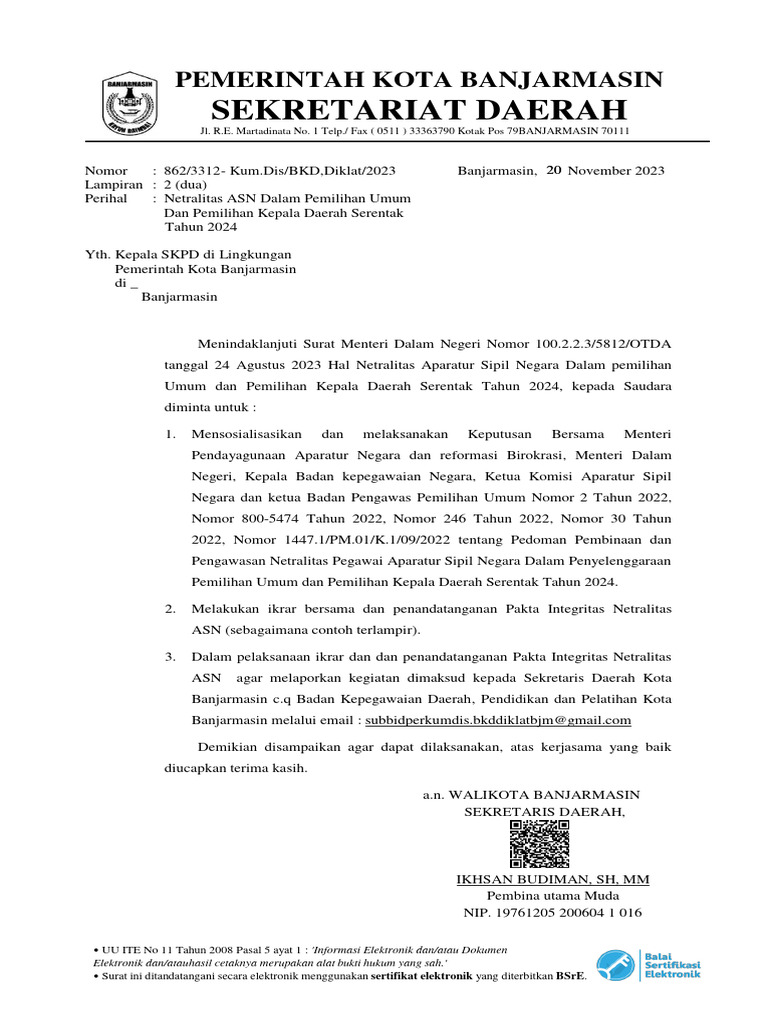 Surat Netralitas ASN Dalam Pemilihan Umum Dan Pemilihan Kepala Daerah Serentak Tahun 2024 - Sign ...