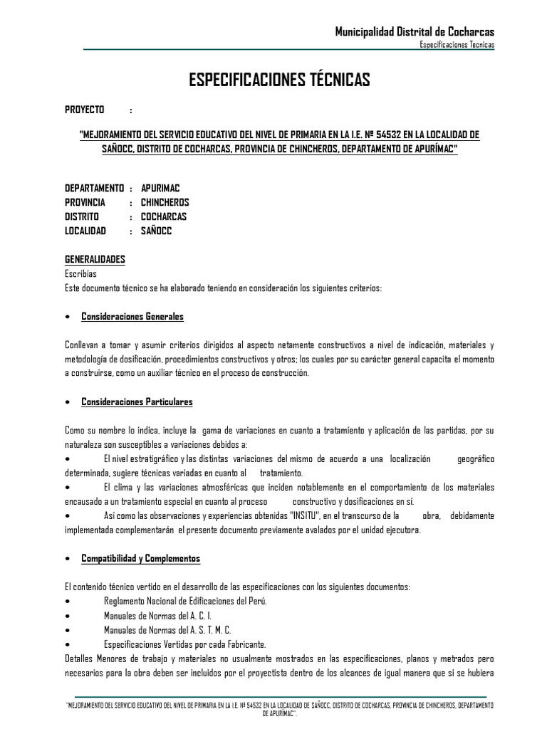 Especificaciones Tecnicas. | PDF