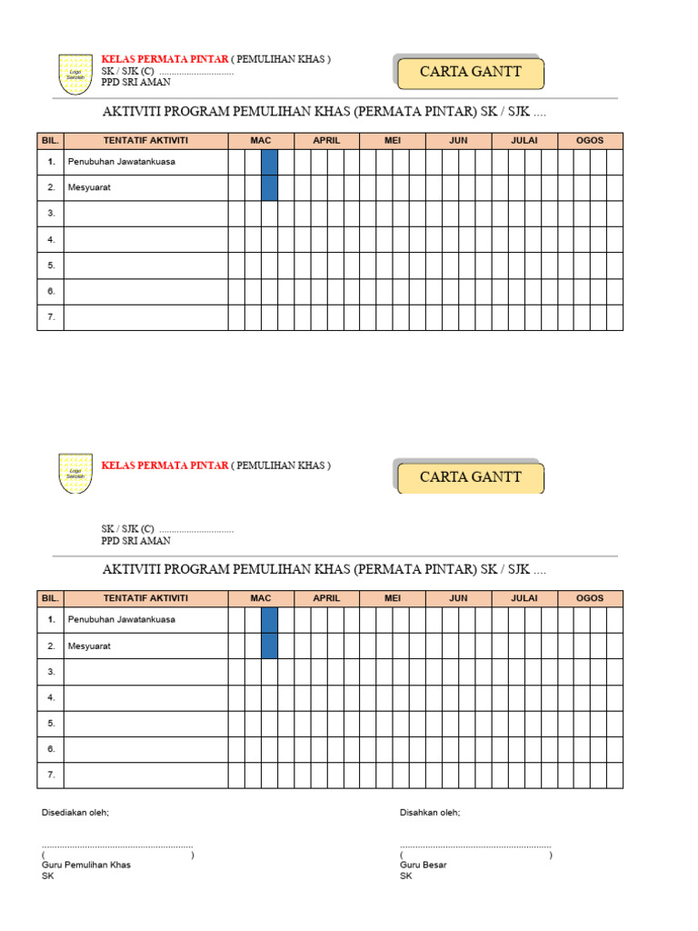 CONTOH CARTA GANTT Program Pemulihan Khas 2022 | PDF